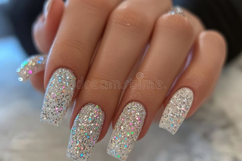 Sparkling Silver Glitter Nails White Tips Hand Against Festive ...