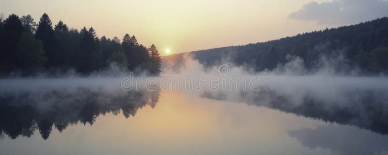 Sparkling Silver Mist Rises from a Calm Lake Surface at Dawn, Fog ...