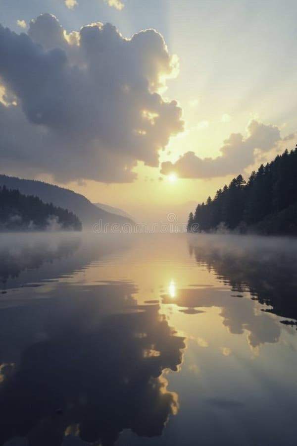 Sparkling Silver Mist Rises from a Calm Lake Surface at Dawn, Nature ...