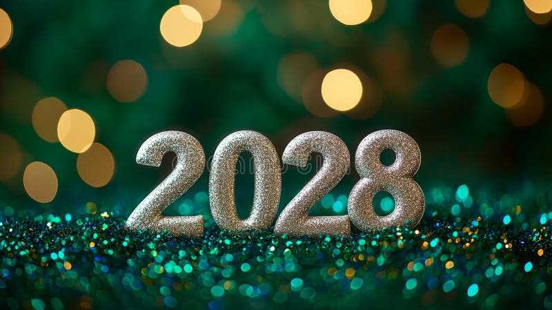 Sparkling Silver 2028 Numbers on Glittering Emerald Green Background ...