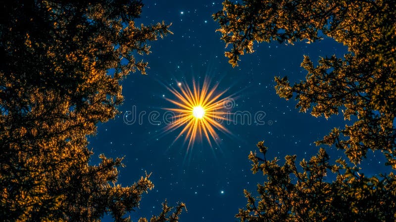 Bright Star Shining Prominently in Night Sky with Tree Branches Stock ...