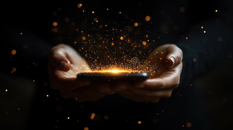 Sparkling Smartphone Held in Hands, Dark Background, Magic Effect Stock ...
