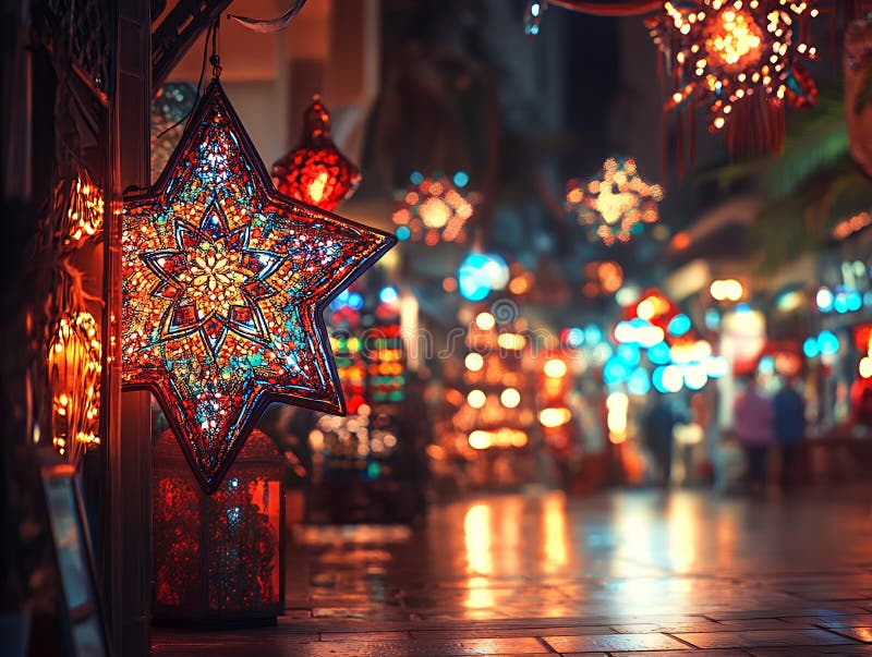 Sparkling Star Lantern in Vibrant Moroccan Night Market Stock ...