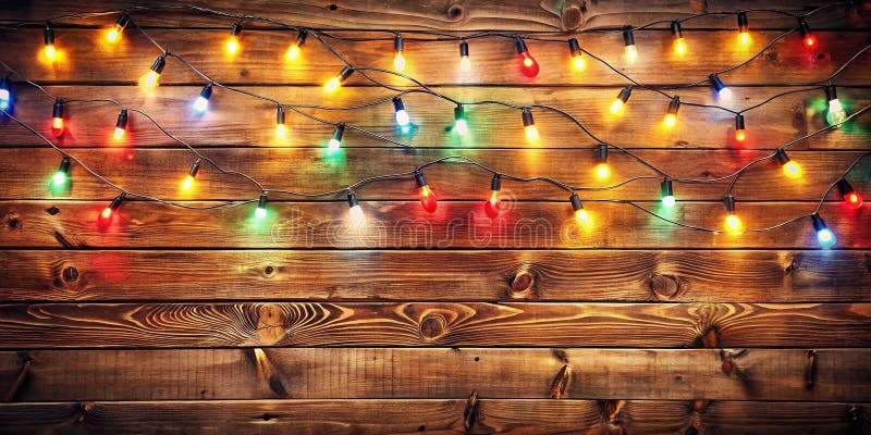 Sparkling String Lights and Garlands on Rustic Wood a Festive ...