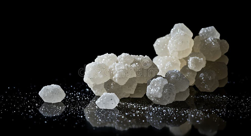 Sparkling Sugar Crystals on a Reflective Surface Against a Dark ...