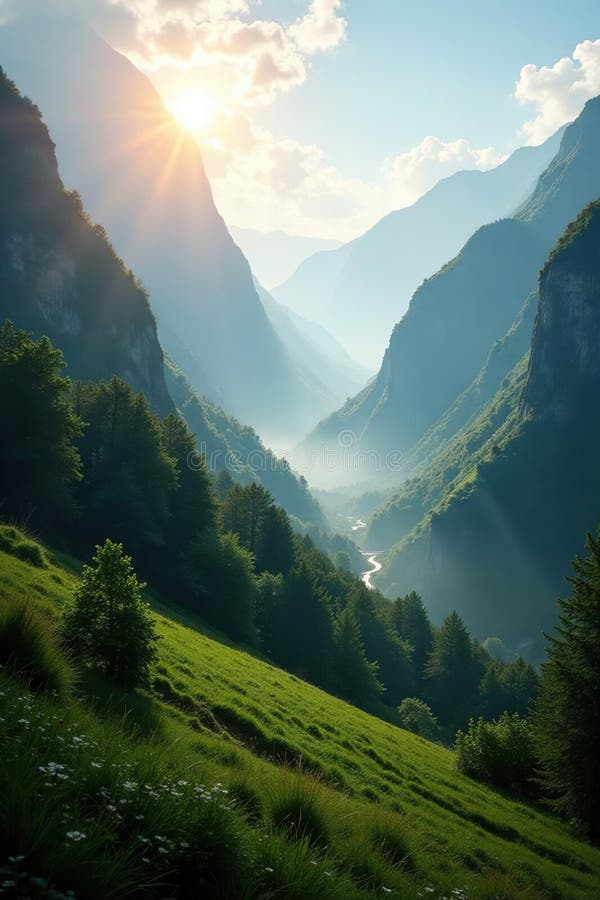 Sparkling Sunlight Illuminating the Misty Valley Below, Light, Stock ...