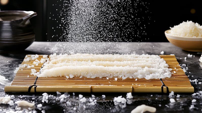 A Sparkling Sushi-making Setup with Fresh Ingredients, a Bamboo Mat ...