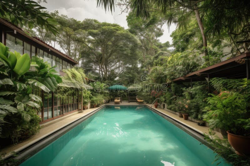 Sparkling Swimming Pool in Luxurious Hotel Suite, Surrounded by Lush ...