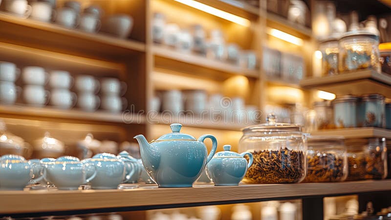 A Sparkling Tea Shop Shelf Displaying Premium Blends and Teaware Stock ...