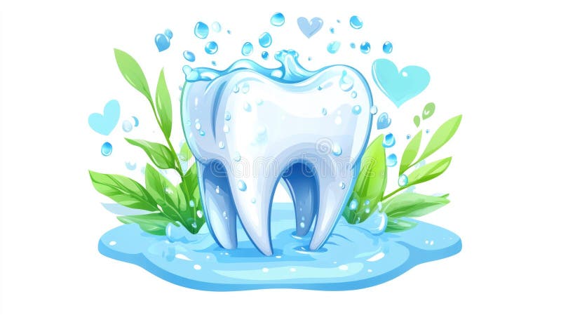 Sparkling Tooth with Water Droplets and Green Leaves on White ...