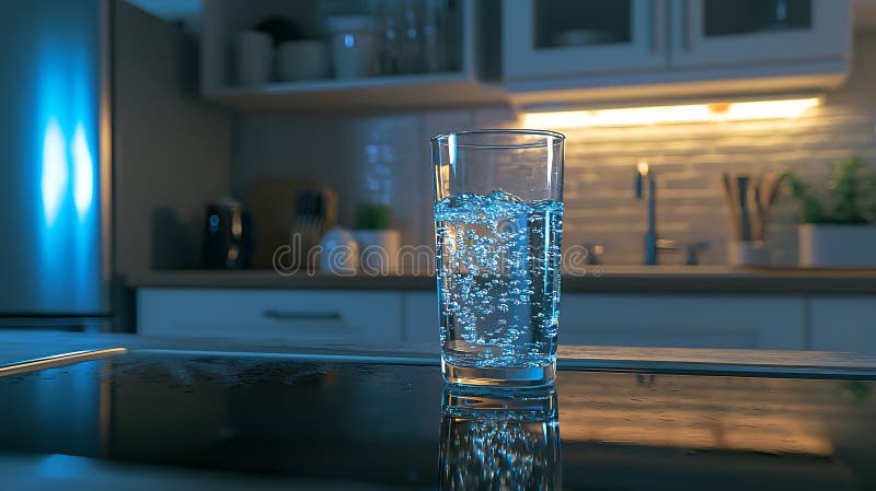 Sparkling Water Glass on Kitchen Counter at Night Stock Image - Image ...