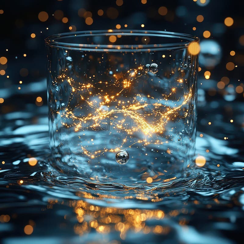 Sparkling Water with Glowing Particles in a Clear Glass Container Stock ...