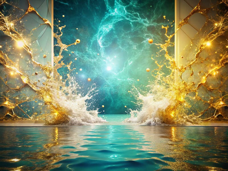 Sparkling Water Splash with Gold Marble Accents a Glowing Particle Pack ...