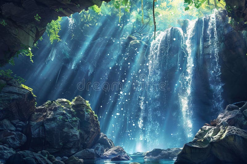 Sparkling Waterfall Cascading Down a Rocky Cliff into a Hidden Grotto ...