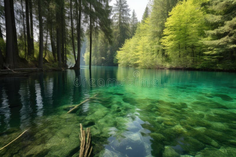 Sparkling Waters of a Lake, Surrounded by Towering Trees Stock Photo ...