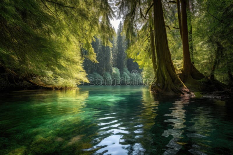 Sparkling Waters of a Lake, Surrounded by Towering Trees Stock Photo ...