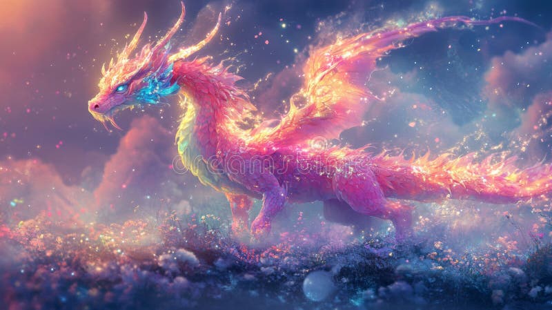 Sparkly Pink Dragon in a Magical Landscape Stock Illustration ...