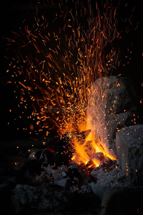 Sparks from the Fire in the Forge on Black Background at Night Stock ...