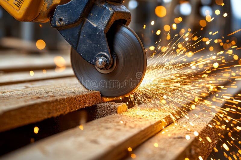 Sparks Fly As a Circular Saw Performs Precision Cutting on Wood Stock ...