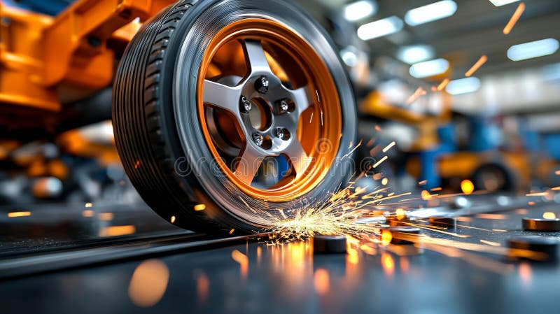 Sparks Fly As a Tire is Machined in an Industrial Workshop during the ...