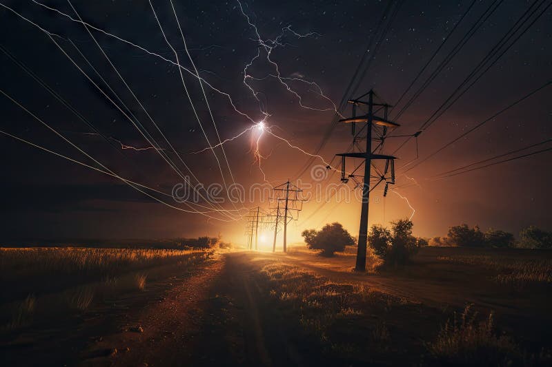 Sparks Fly from Broken Power Line, Illuminating Dark Night Sky Stock ...