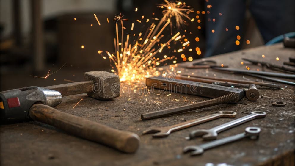 Sparks Fly from Tools on a Workbench in a Busy Workshop Setting Stock ...