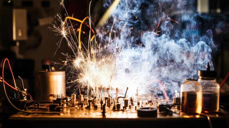 Sparks Fly in Workshop Experiment Stock Image - Image of workspace, smoke: 343523199