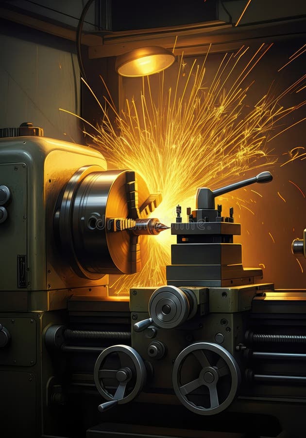 Sparks Flying from a Lathe Machine during Metalworking Process Stock ...