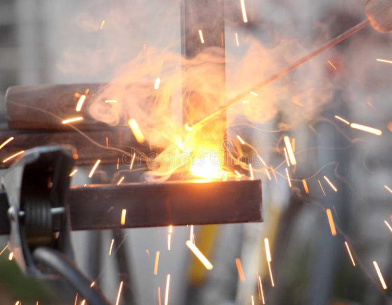 Sparks and Jets of Smoke when Welding Stock Image - Image of metal ...