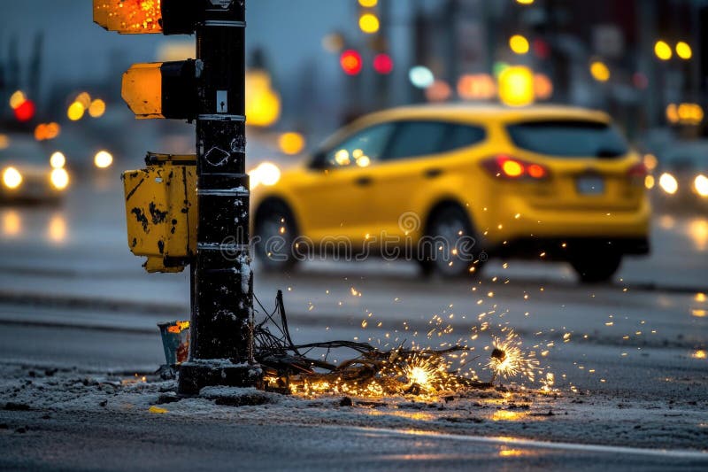 Sparks and Traffic at Night Intersection with Damaged Signal Light ...