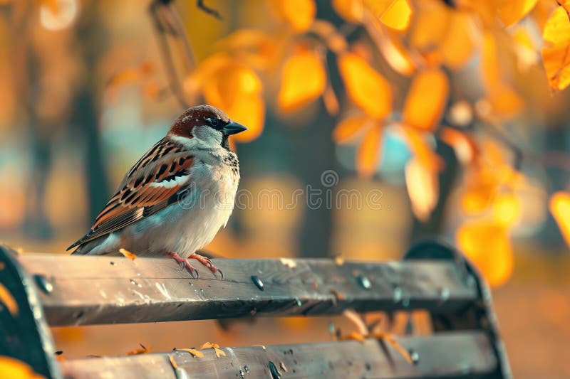 Sparrow Bird Standing on a Bench in a Park Ai Photo Stock Illustration ...
