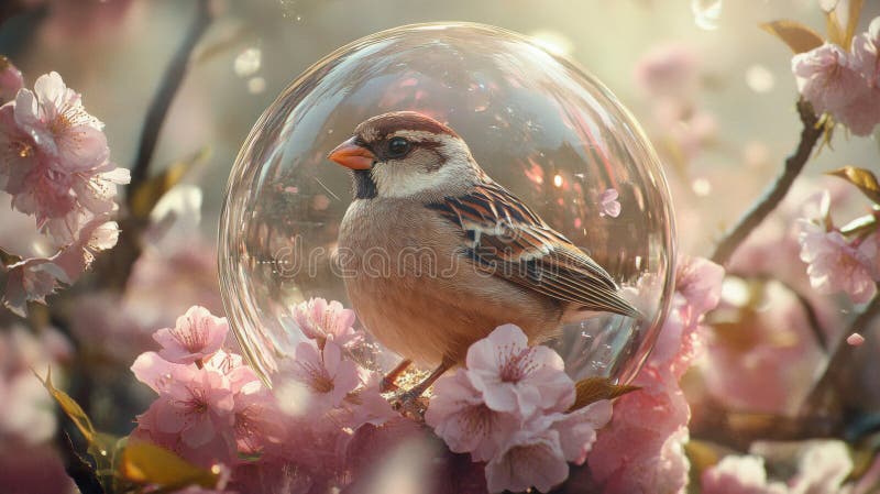 Sparrow in a Glass Bubble Amidst Pink Cherry Blossoms Stock ...