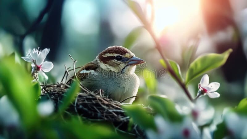 Sparrow Nesting among Spring Blossoms in Sunlit Garden Scene Stock ...