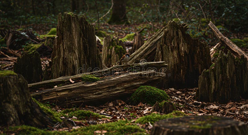 Sparrow Perched on Fallen Log in Mossy Forest with Tree Stumps Stock ...