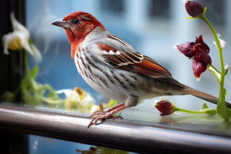 A Sparrow Perched on a Windowsill, Mesmerized by Its Reflection in the ...