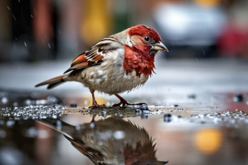 Sparrow Staring at Its Reflection in a Puddle after the Rain Stock ...