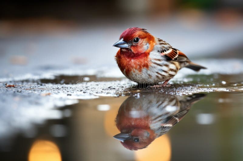 Sparrow Staring at Its Reflection in a Puddle after the Rain Stock ...