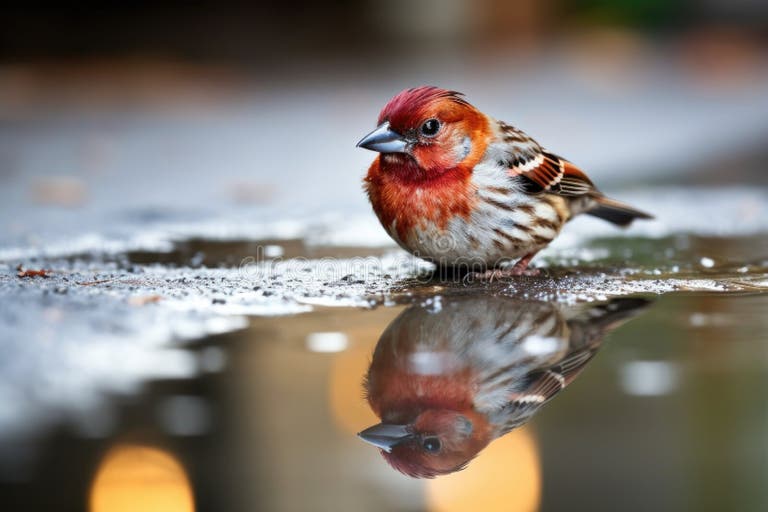 Sparrow Staring at Its Reflection in a Puddle after the Rain Stock Photo - Image of puddle ...
