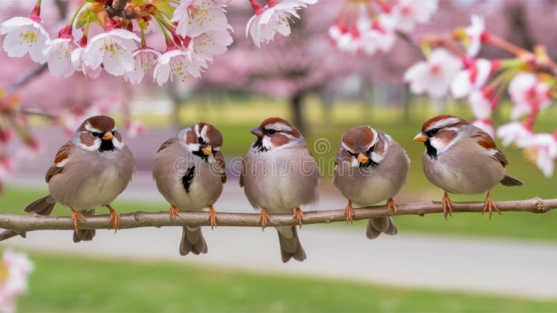 Sparrows on Branch with Cherry Blossoms Stock Photo - Image of sakura ...
