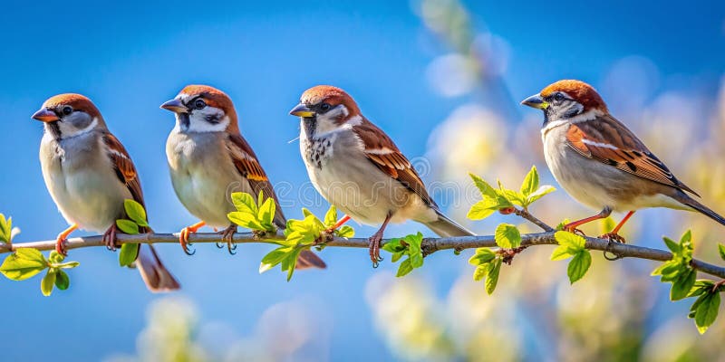 Sparrows on Budding Tree Branch Under Clear Blue Sky Creating a Serene ...