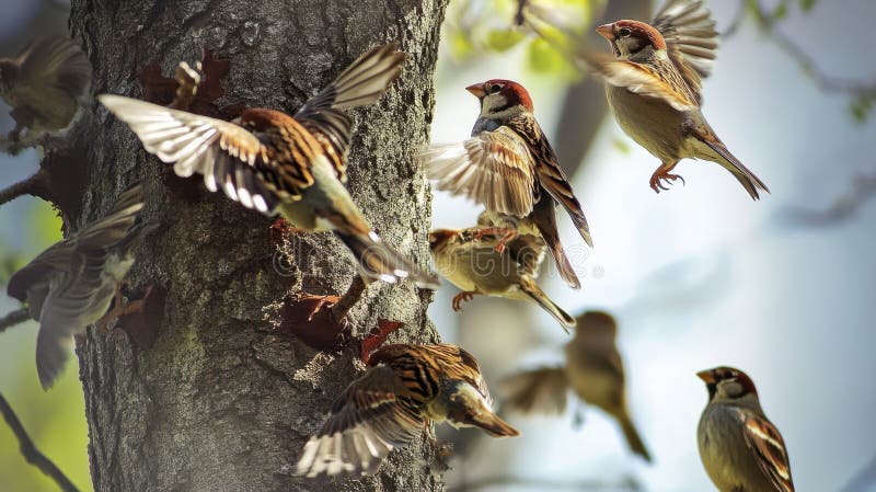 Sparrows Flutter Joyfully Around a Blooming Tree on a Sunny Spring ...