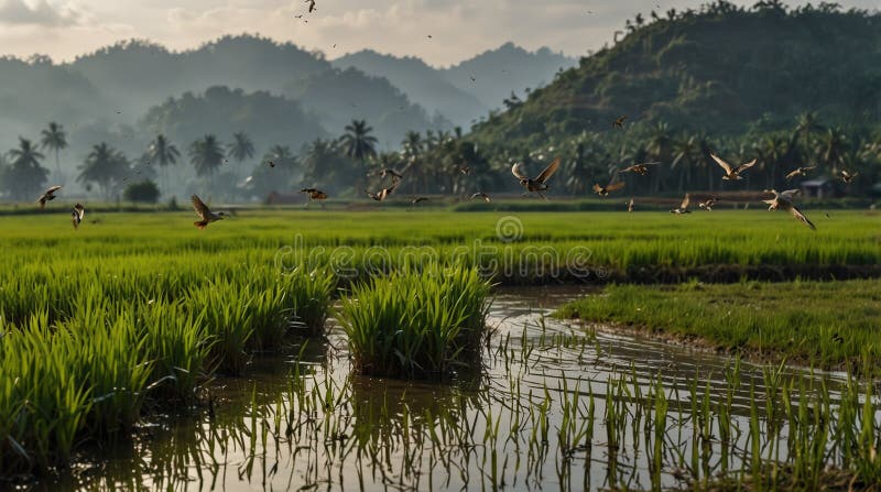 Sparrows Flying Over the Rice in the Rice Fields. AI Generated Image ...