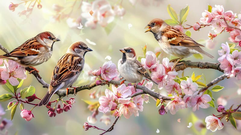 Sparrows on Blooming Lilac Branch with Beautiful Flowers in Spring ...