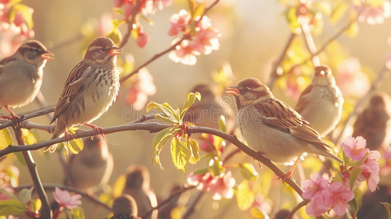 Sparrows on Blooming Lilac Branch with Beautiful Flowers in Spring ...