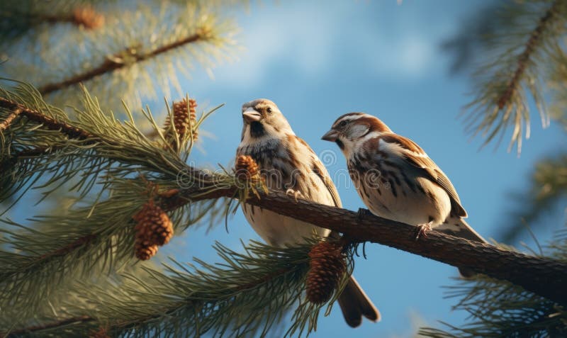 Sparrows Sitting on a Branch of a Pine in the Spring Stock Image ...