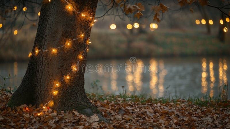 Sparse Autumn Tree with Glowing String Lights Wrapped Around Its ...