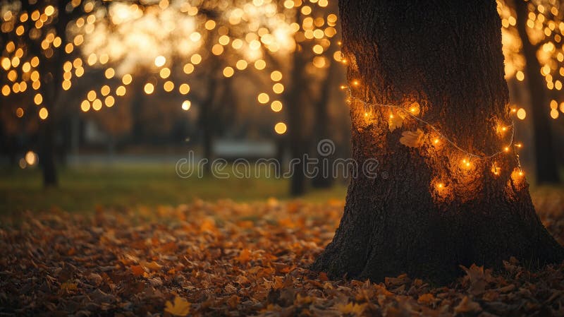 Sparse Autumn Tree with Glowing String Lights Wrapped Around Its ...