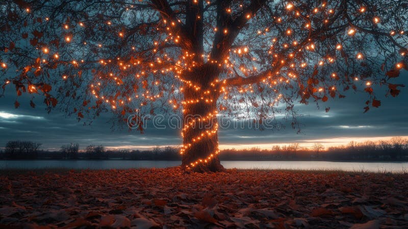 Sparse Autumn Tree with Glowing String Lights Wrapped Around Its ...