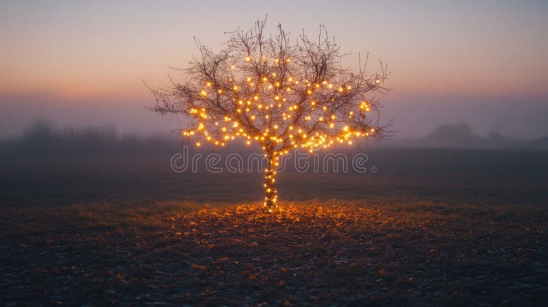 Sparse Autumn Tree with Glowing String Lights Wrapped Around Its ...