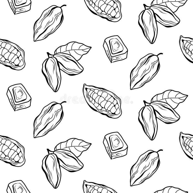 Sparse Black and White Pattern with Pieces of Chocolate, Cocoa Pods and ...